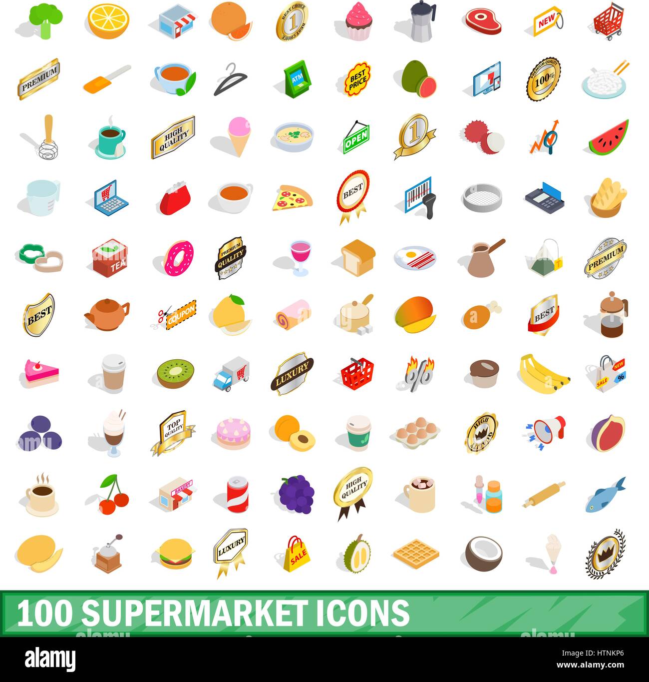 100 supermarket icons set in isometric 3d style for any design vector ...