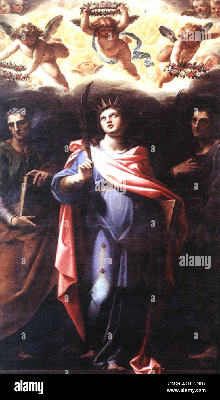 The artwork titled 'St. Domitilla and others' portrays religious ...