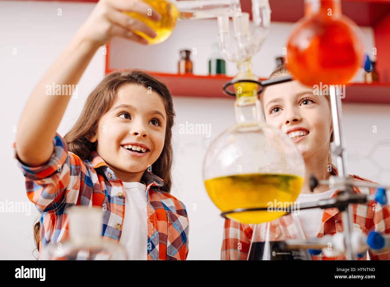 Chemistry club. Positive curious cheerful girls standing together and ...