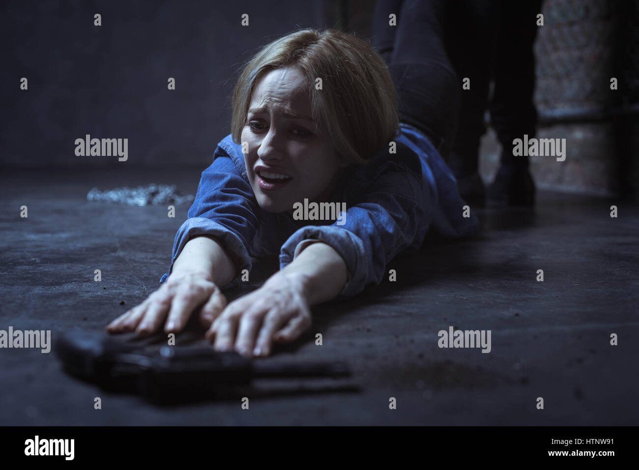 Almost there. Helpless anxious but strong woman screaming for help and ...