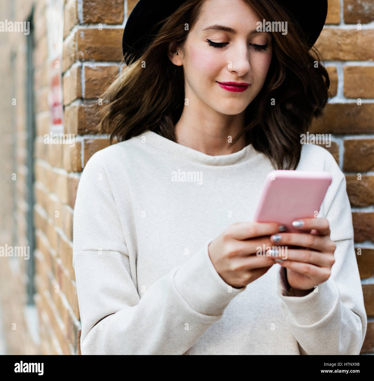 Woman Using Smart Phone Connection Techie Stock Photo - Alamy