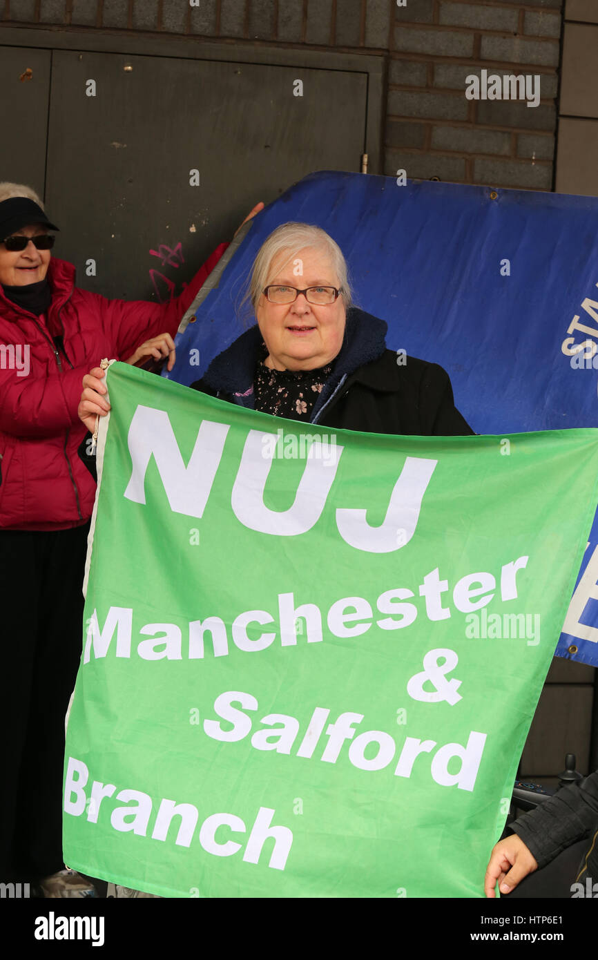 Manchester, UK. 14th Mar, 2017. Kath Grant, NUJ member, standing ...