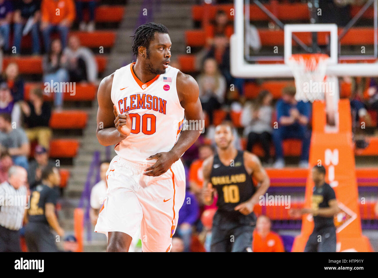 Clemson Tigers center Legend Robertin (00) celebrates after making a ...