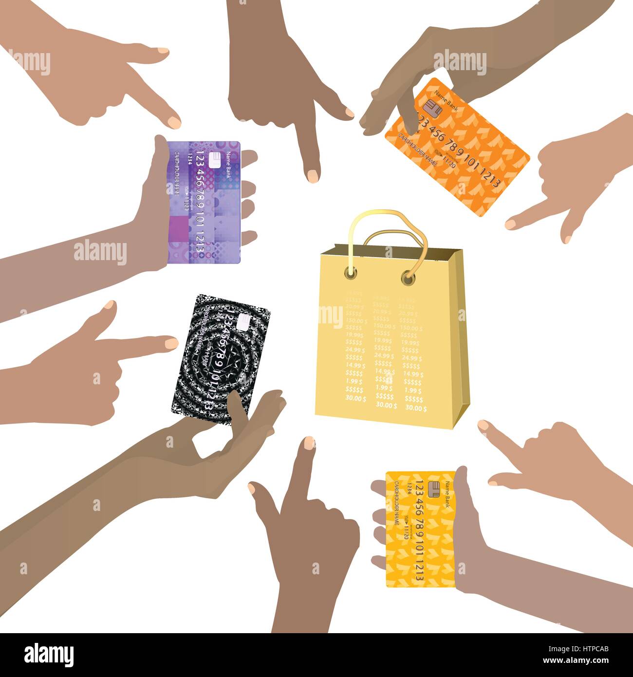 Hand HOLD bank cards and yellow package for purchases. on a white ...