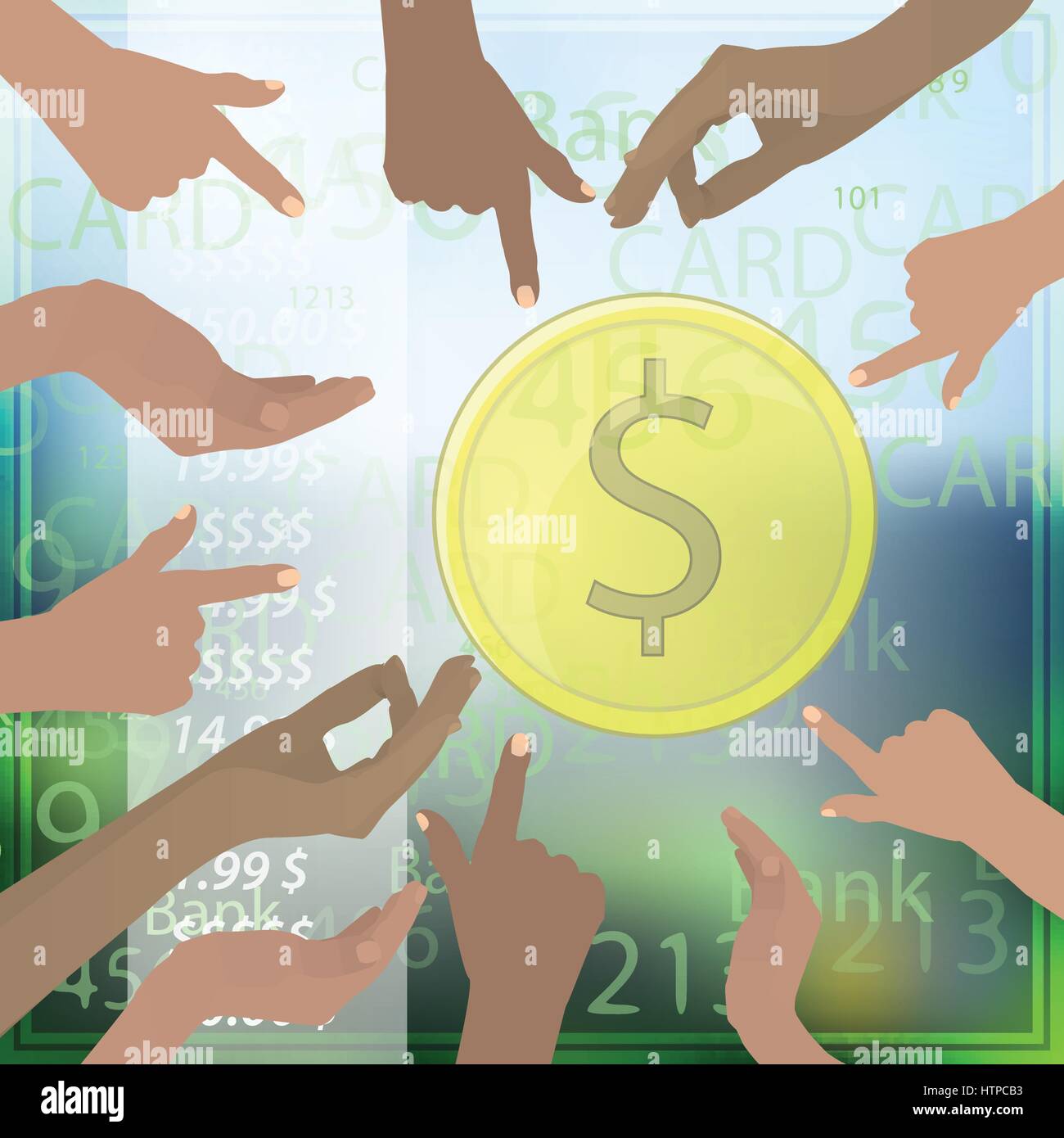 Many hands point to the gold dollar coin. On a photo background ...