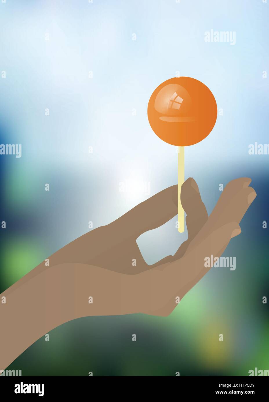 Hand holding candy on stick red ball on photo background. Illustration ...
