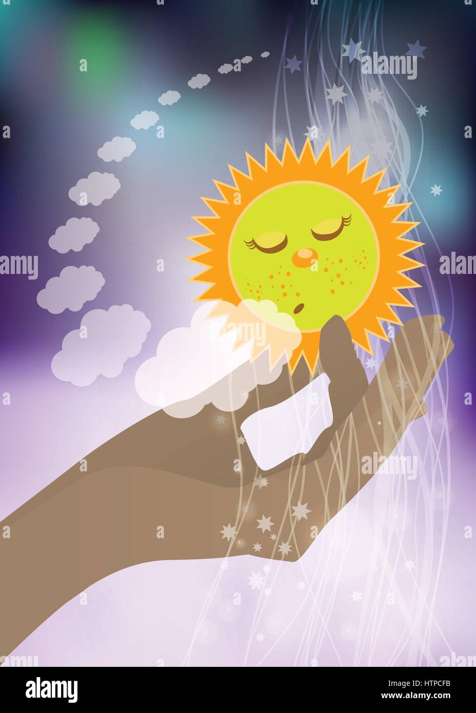 Hand holding the sun sleeping with clouds on the background photo ...