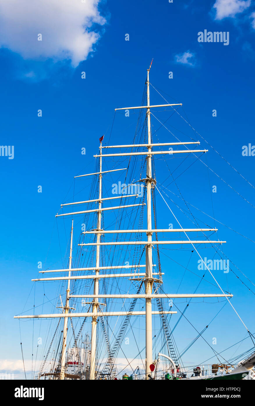Nautical maritime scene with ropes and masts on a ship in a dock Stock ...