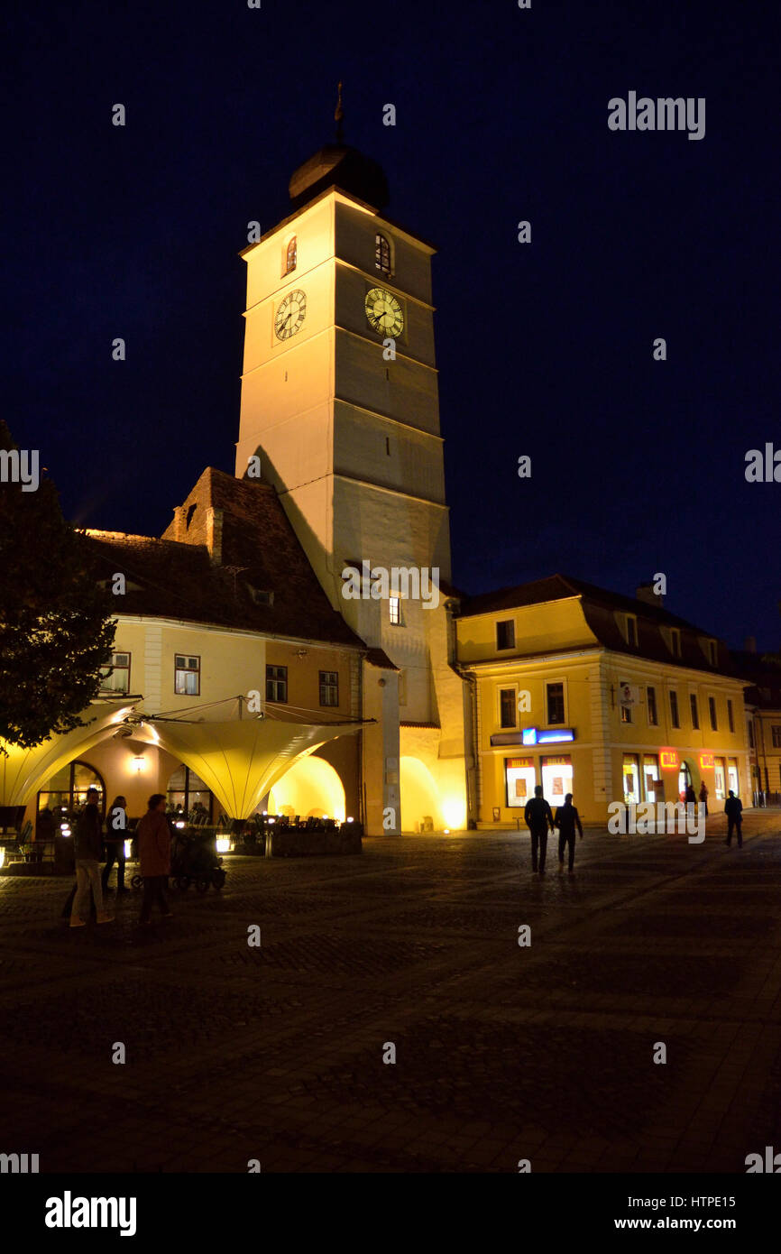 Council Tower of Sibiu at night Stock Photo - Alamy