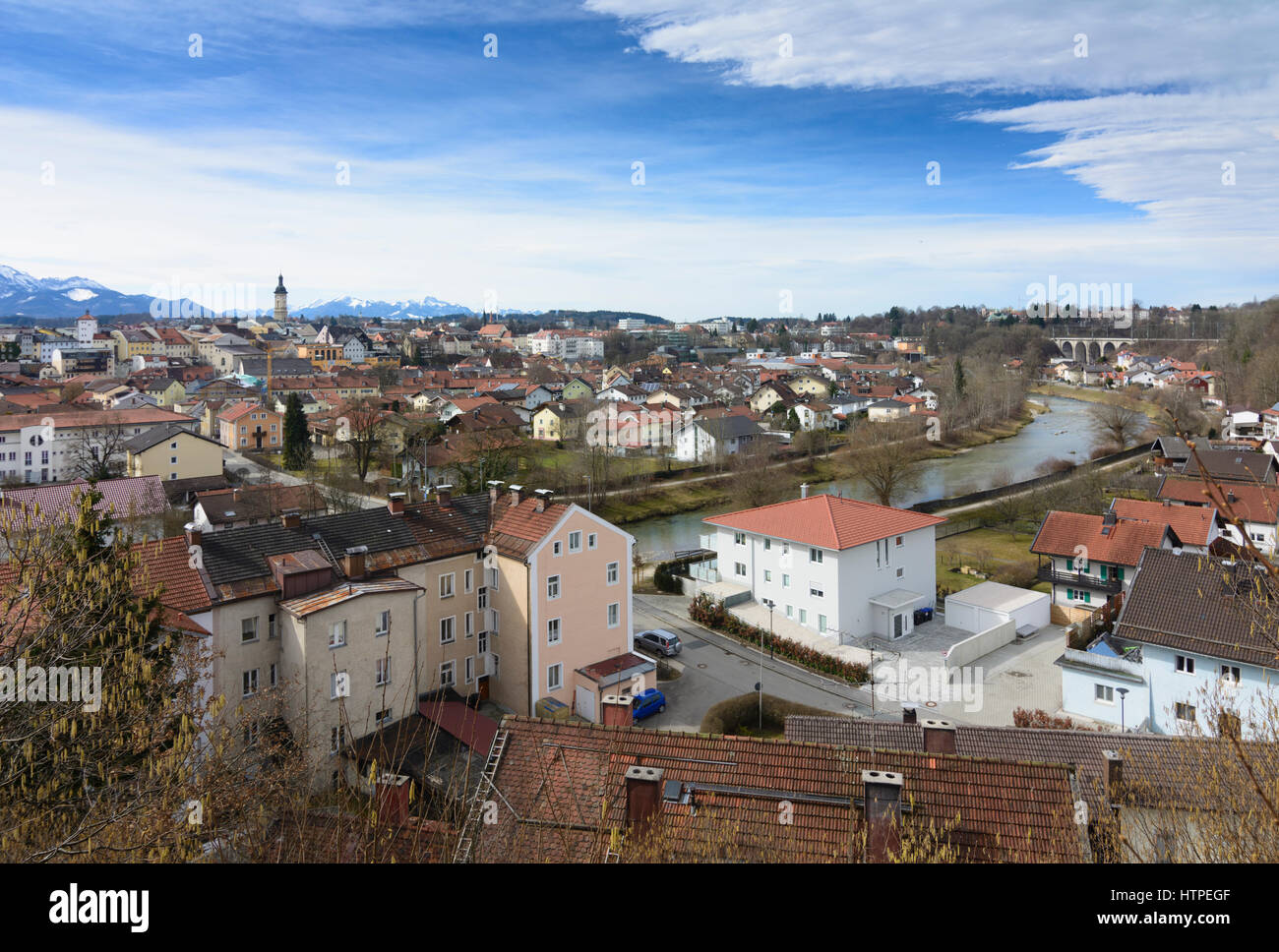 Traunstein, city center of Traunstein, Alps, river Traun, Oberbayern ...