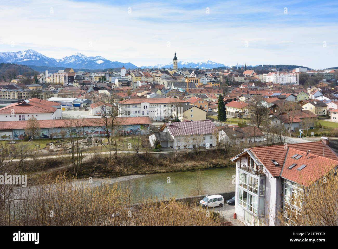 Traunstein, city center of Traunstein, Alps, river Traun, Oberbayern ...