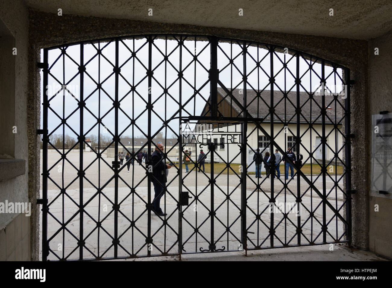 Dachau, concentration camp: main camp gate, sign slogan "Arbeit macht ...