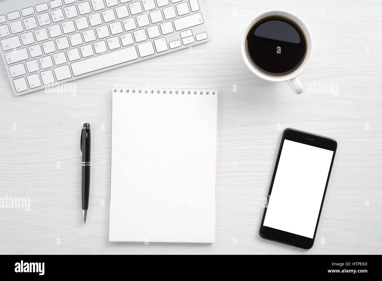 Wood table of business workplace, top view Stock Photo - Alamy