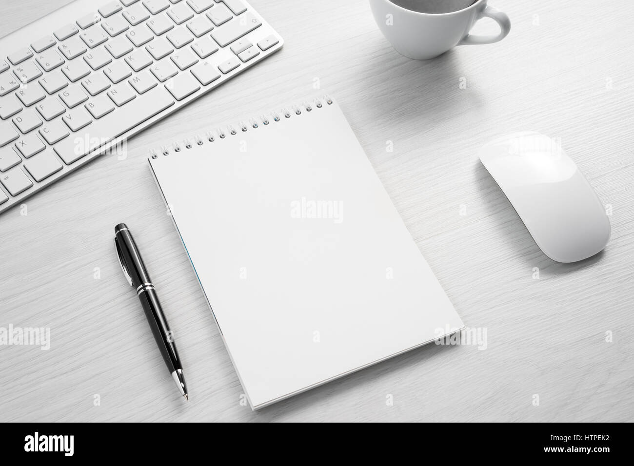 Wood table of business workplace, top view Stock Photo - Alamy
