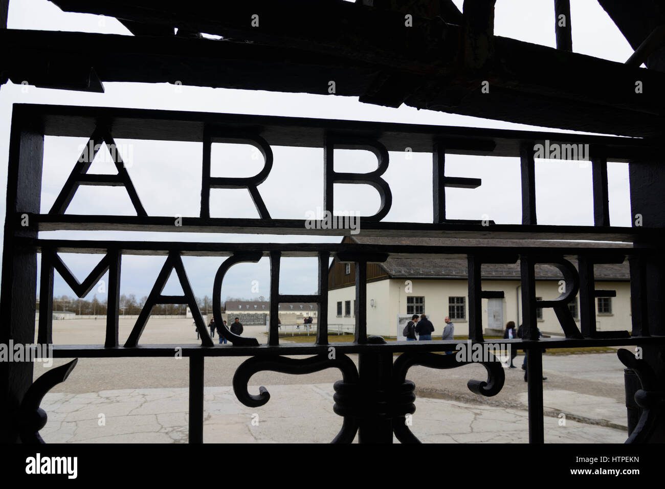 Dachau, concentration camp: main camp gate, sign slogan "Arbeit macht ...