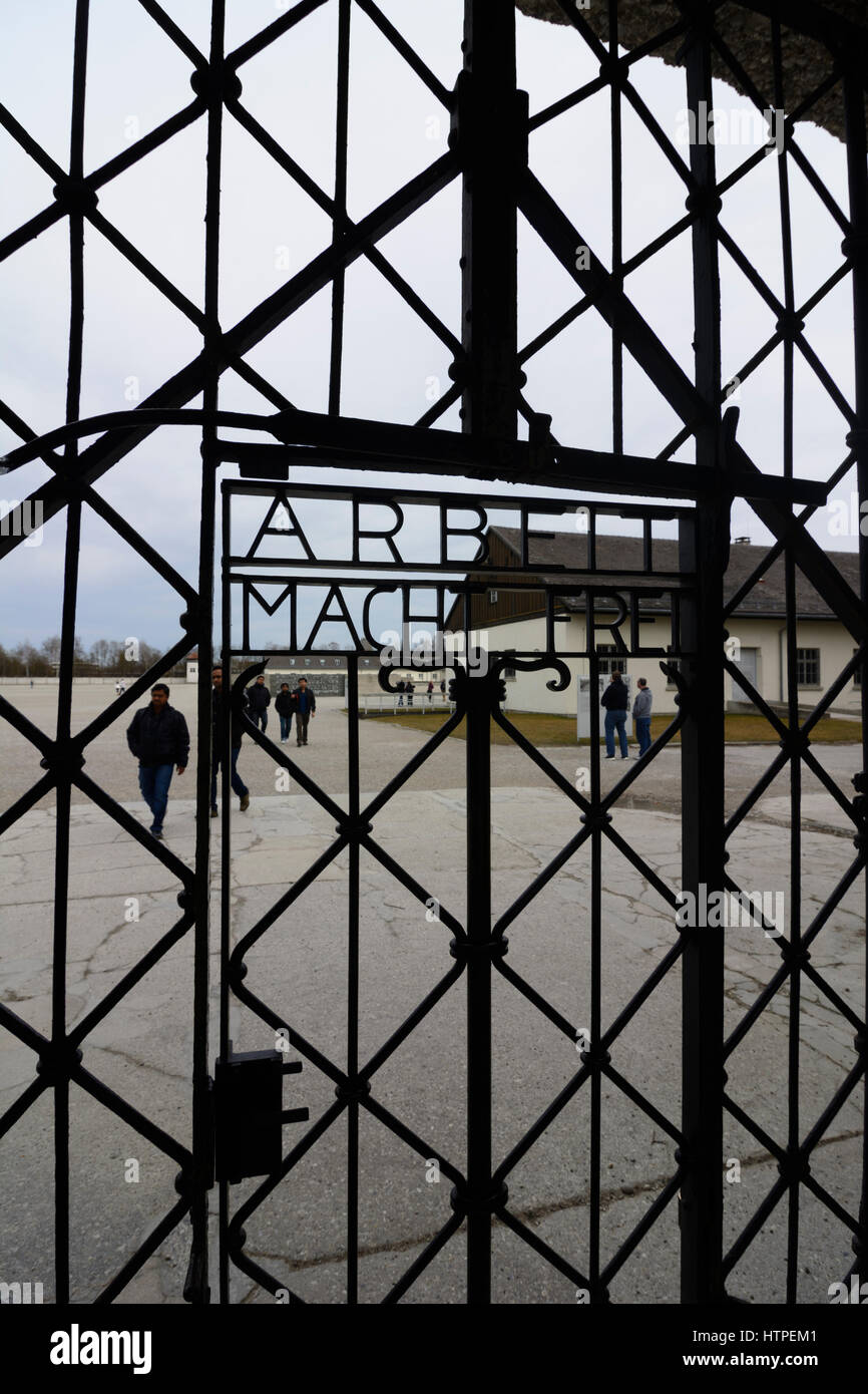 Dachau, concentration camp: main camp gate, sign slogan "Arbeit macht ...