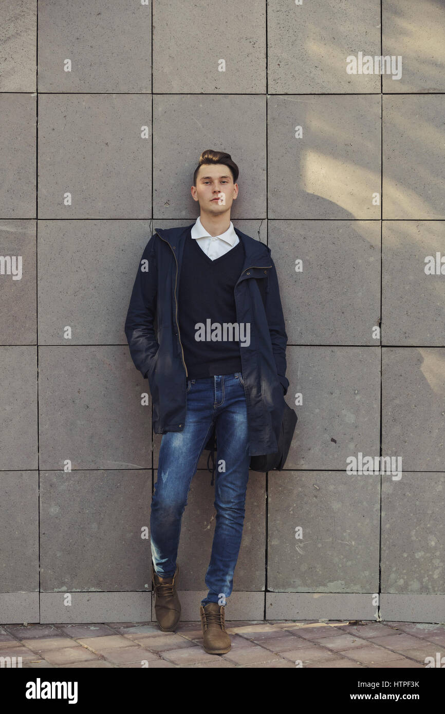 Hipster man walking in the streets of old city in eastern europe Stock ...