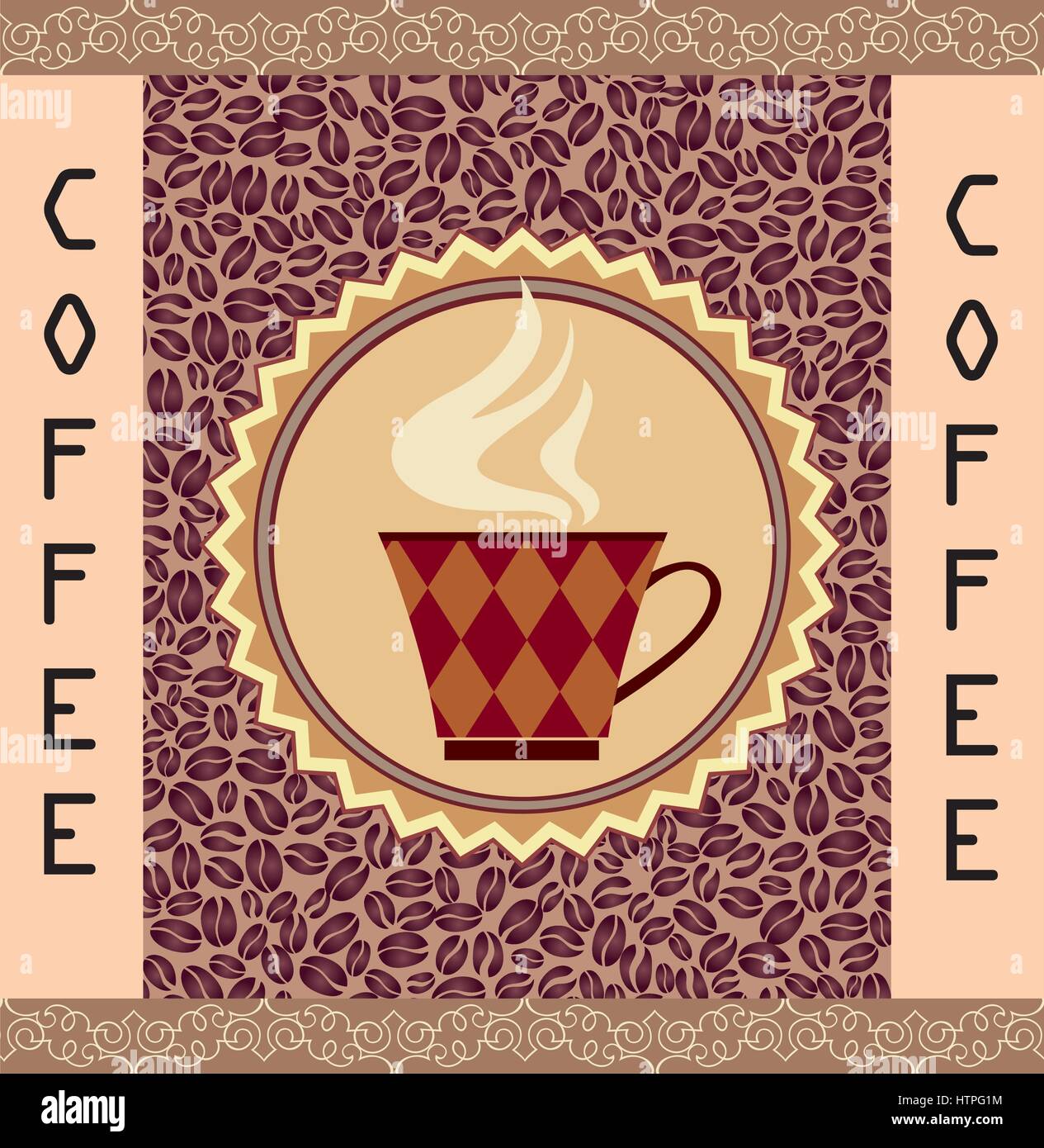 Coffee hot drink. Cafe card background. Coffee beans retro pattern ...