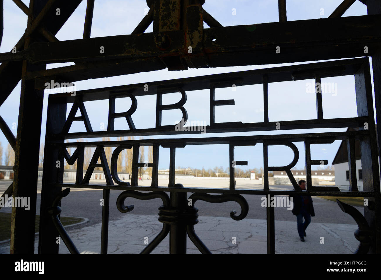 Dachau, concentration camp: main camp gate, sign slogan "Arbeit macht ...