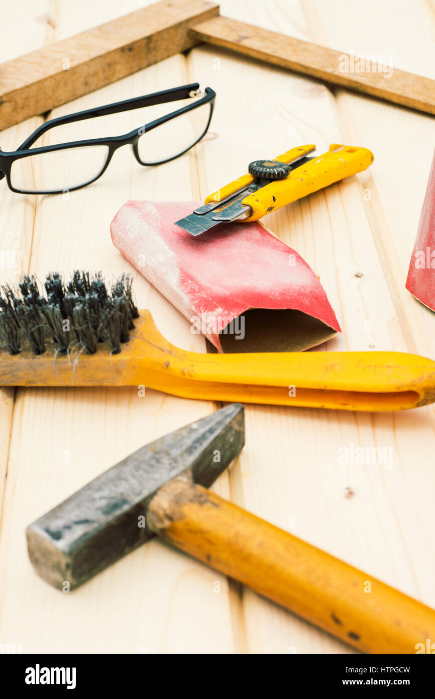 Carpenter tools, diy concept table Stock Photo - Alamy