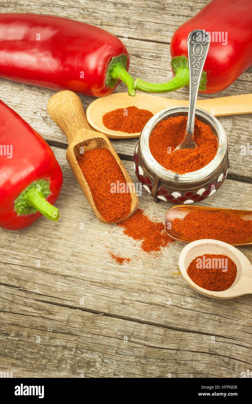 Dried red pepper. Traditional spices. Kitchen table with dried and ...
