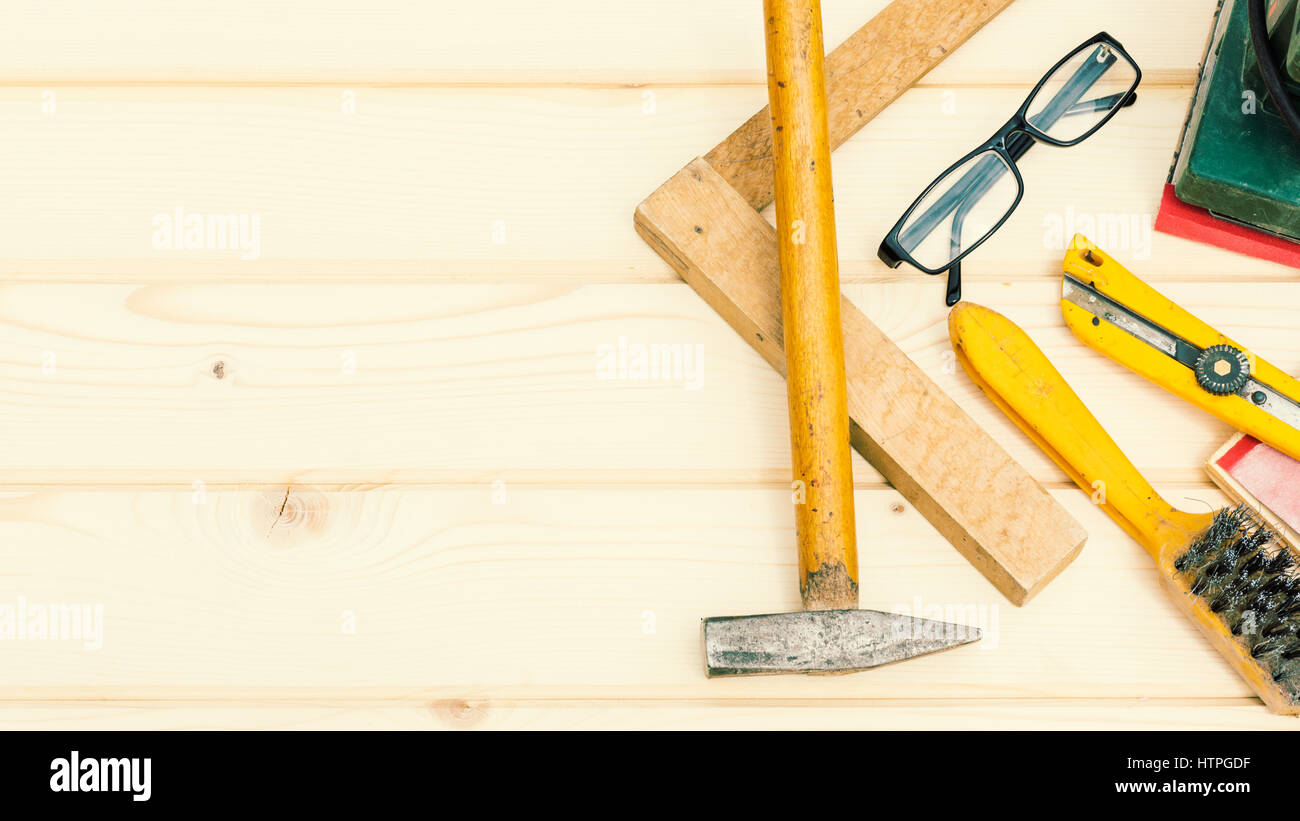 Carpenter tools, diy concept table Stock Photo - Alamy