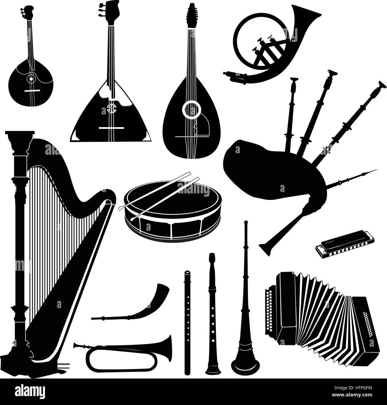 Music instruments vector set. Musical instrument silhouette on white ...