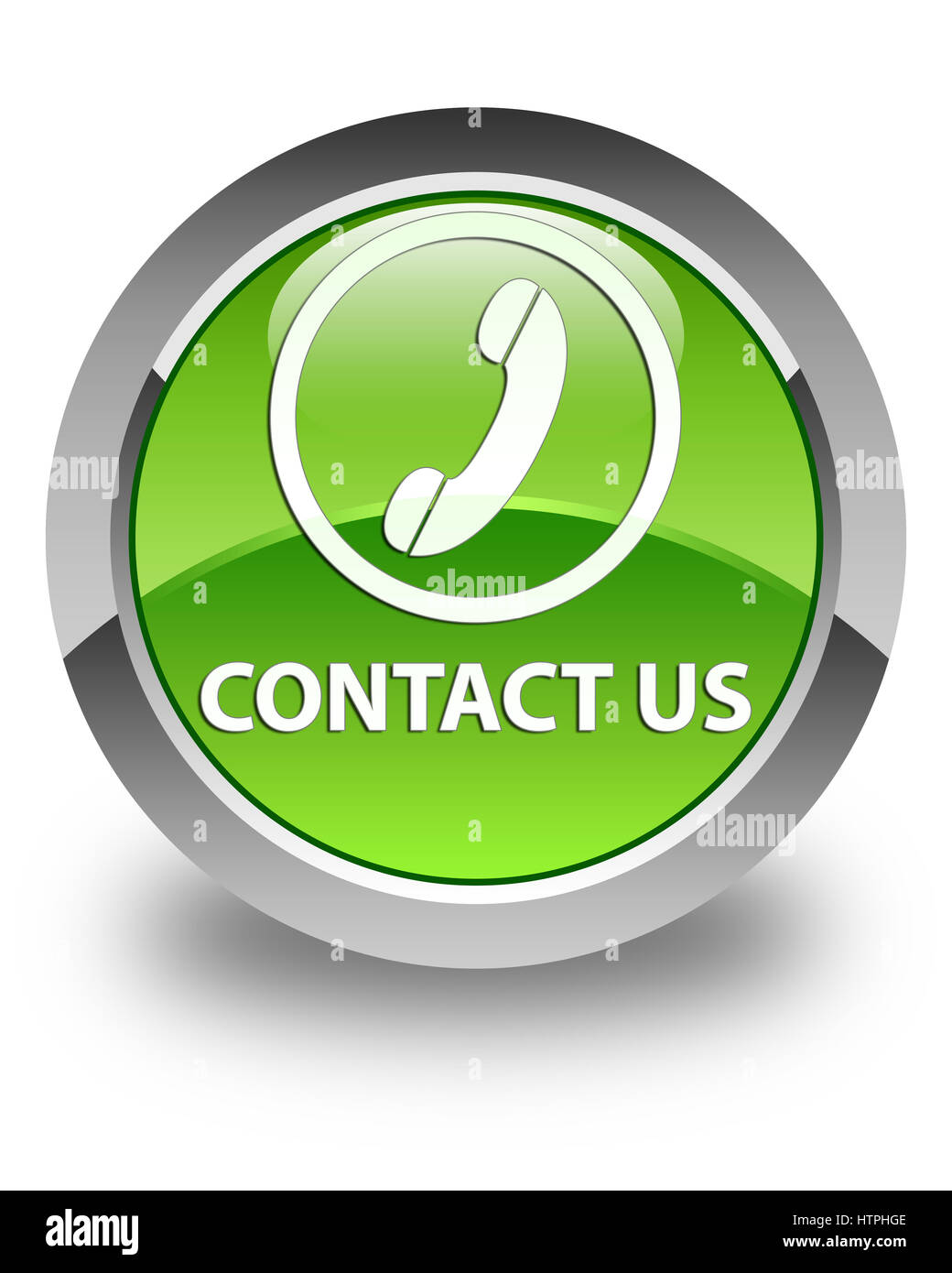 Contact us (phone icon) isolated on glossy green round button abstract ...