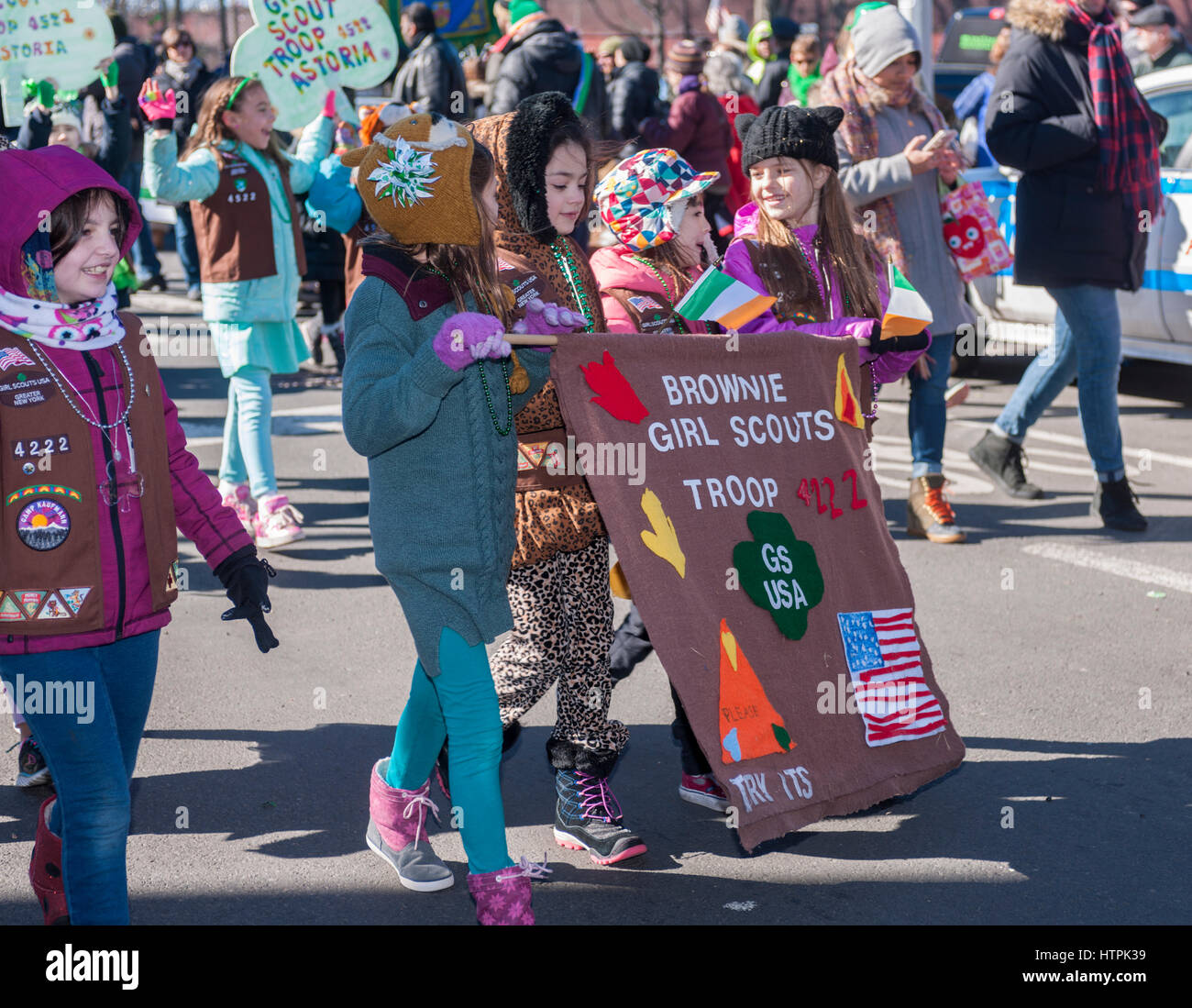 Local Girl Scout troops march in the Sunnyside, Queens St. Patrick's ...