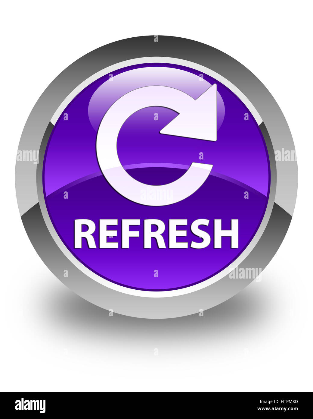 Refresh (rotate arrow icon) isolated on glossy purple round button ...