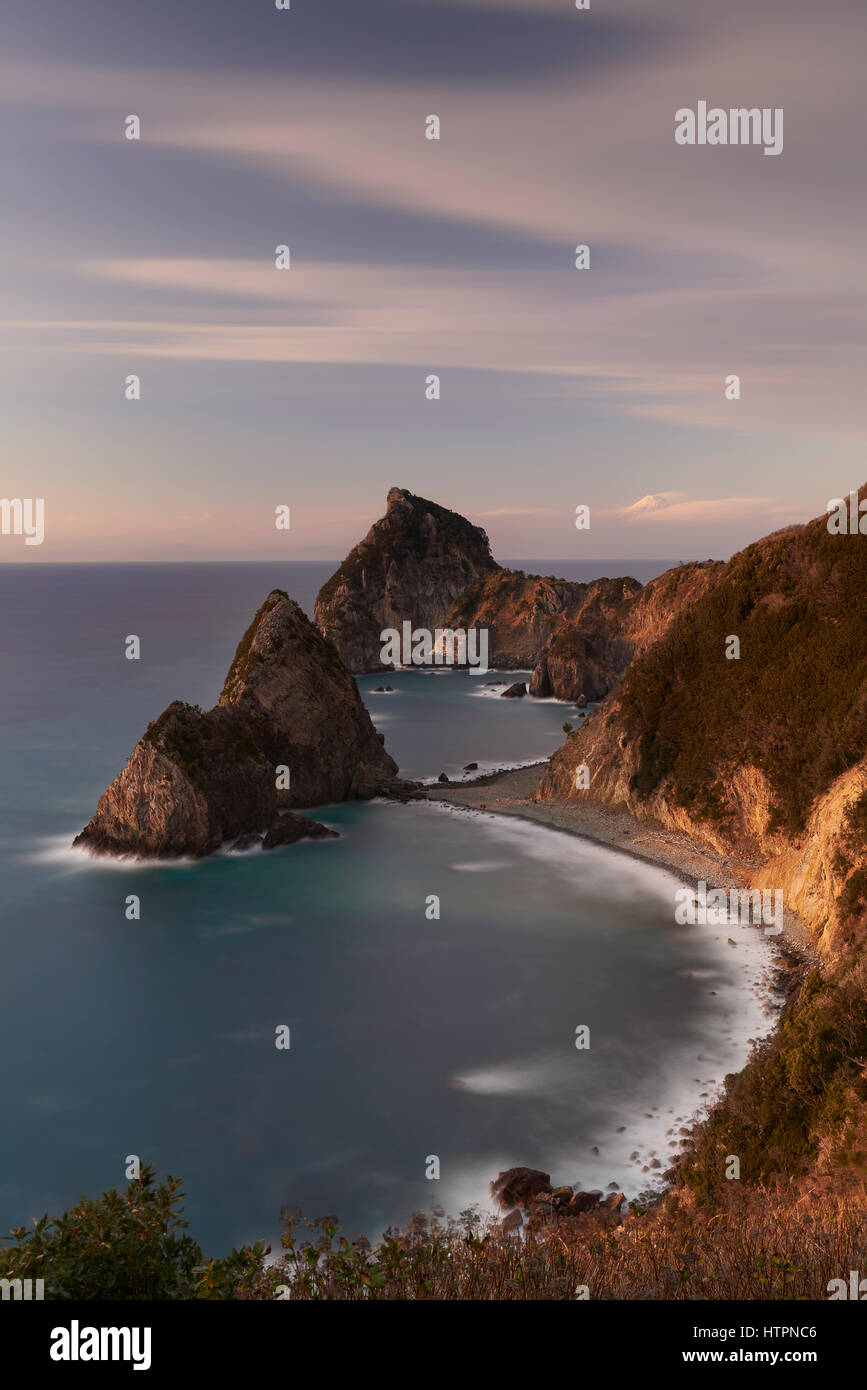 View of Mount Fuji and sea cost at sunset from Senganmon cliff ...