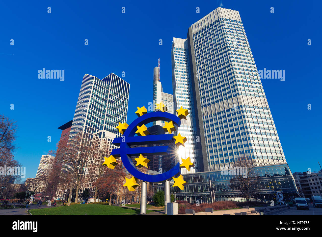 Business and finance concept with giant Euro sign at European Central ...