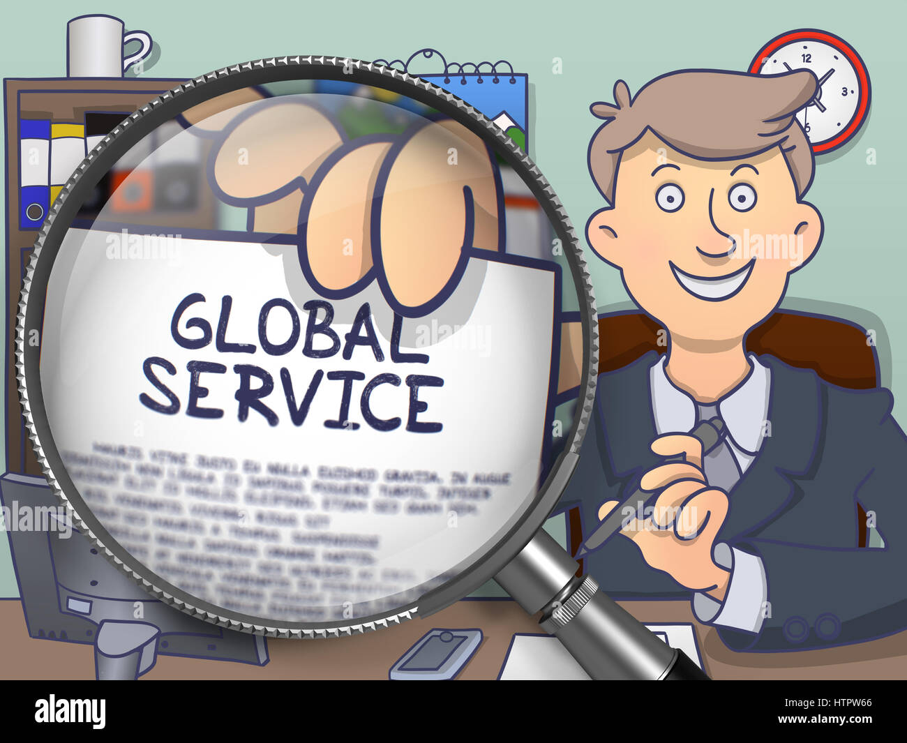 Global Service through Magnifier. Doodle Style Stock Photo - Alamy