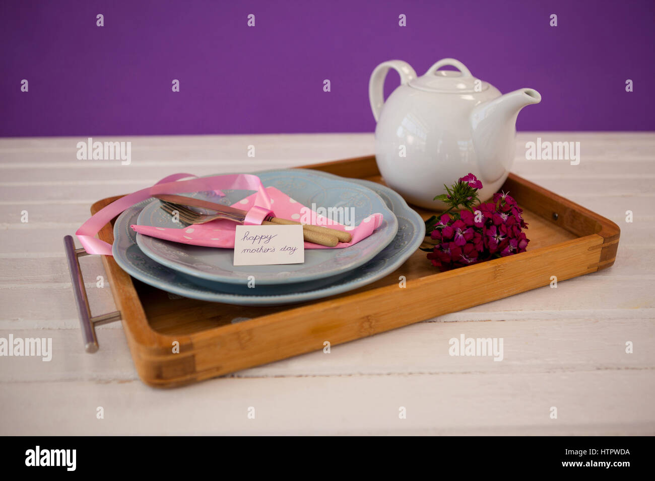 Happy mothers day card with teapot and flowers on wooden tray Stock ...