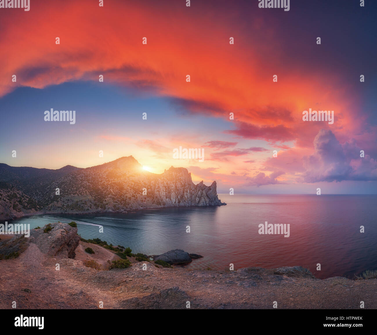 Amazing mountain landscape at sunset. Beautiful view from the hill on ...