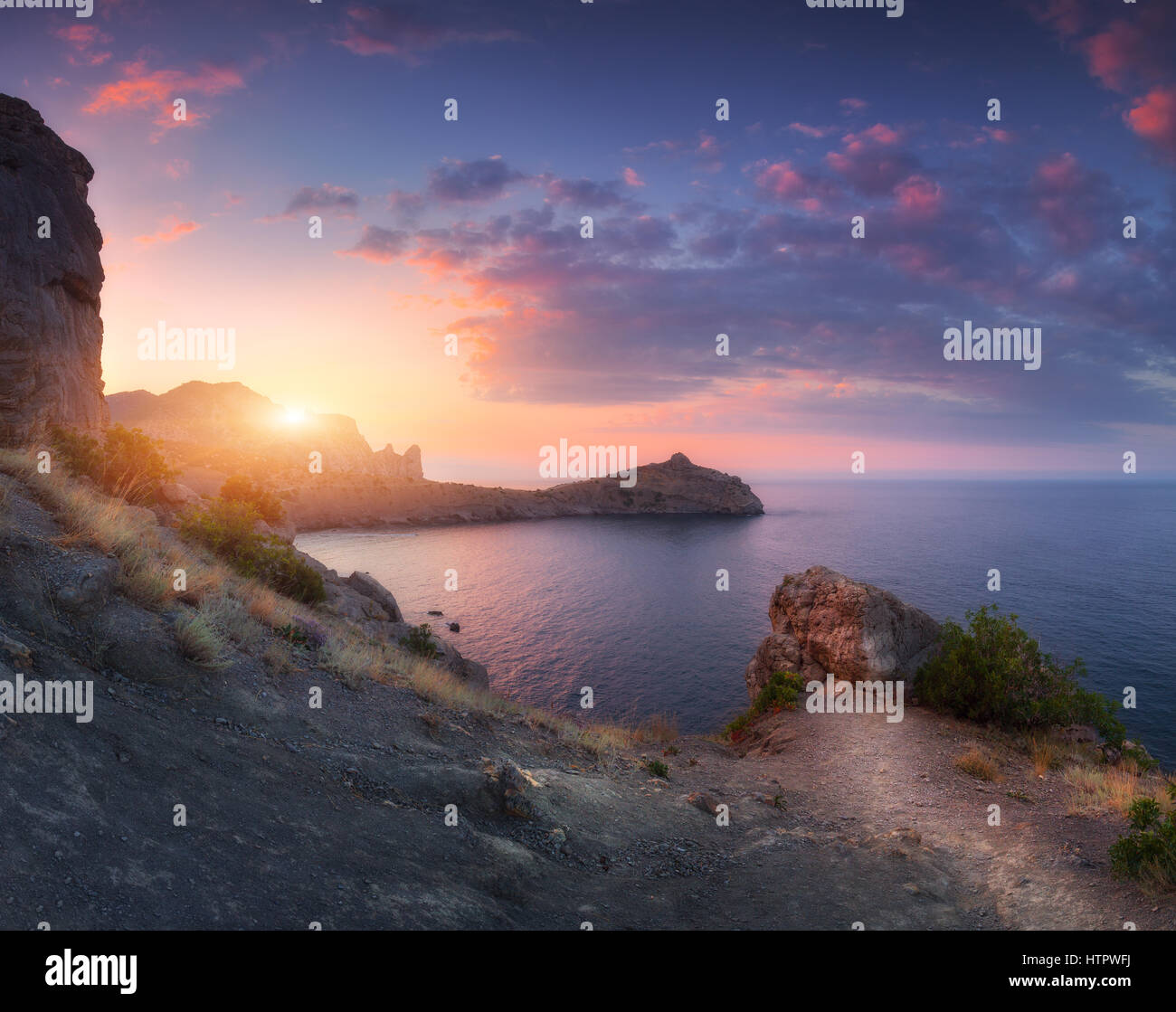 Mountain landscape at sunset. Beautiful view from the mountain on the ...