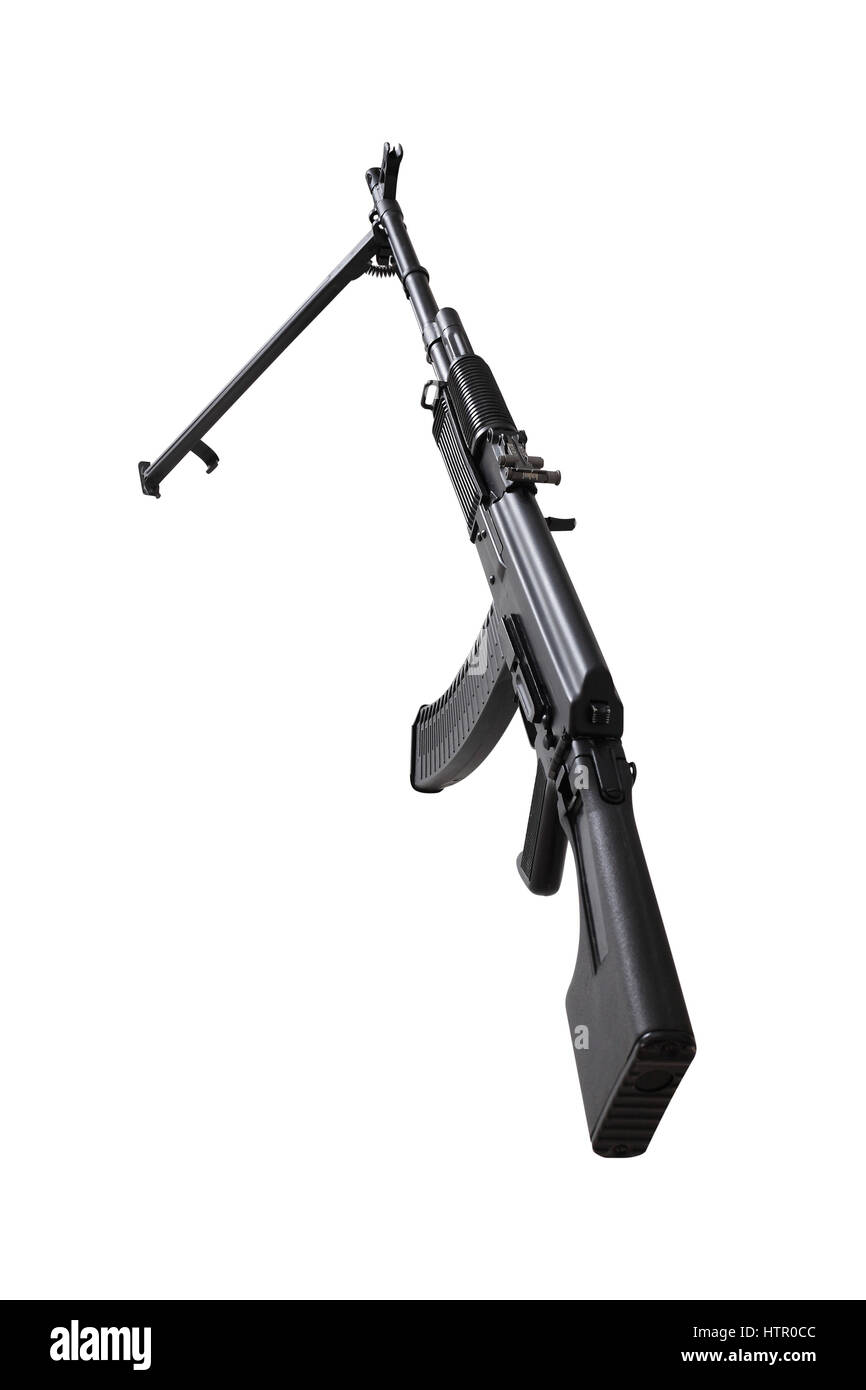 Weapon - A close up black Assault rifle on a bipod on a white ...