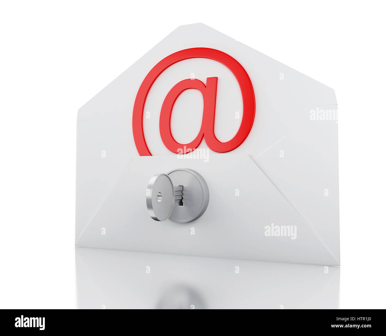 3d illustration. Envelope with AT sign and lock. E-mail Safety concept ...