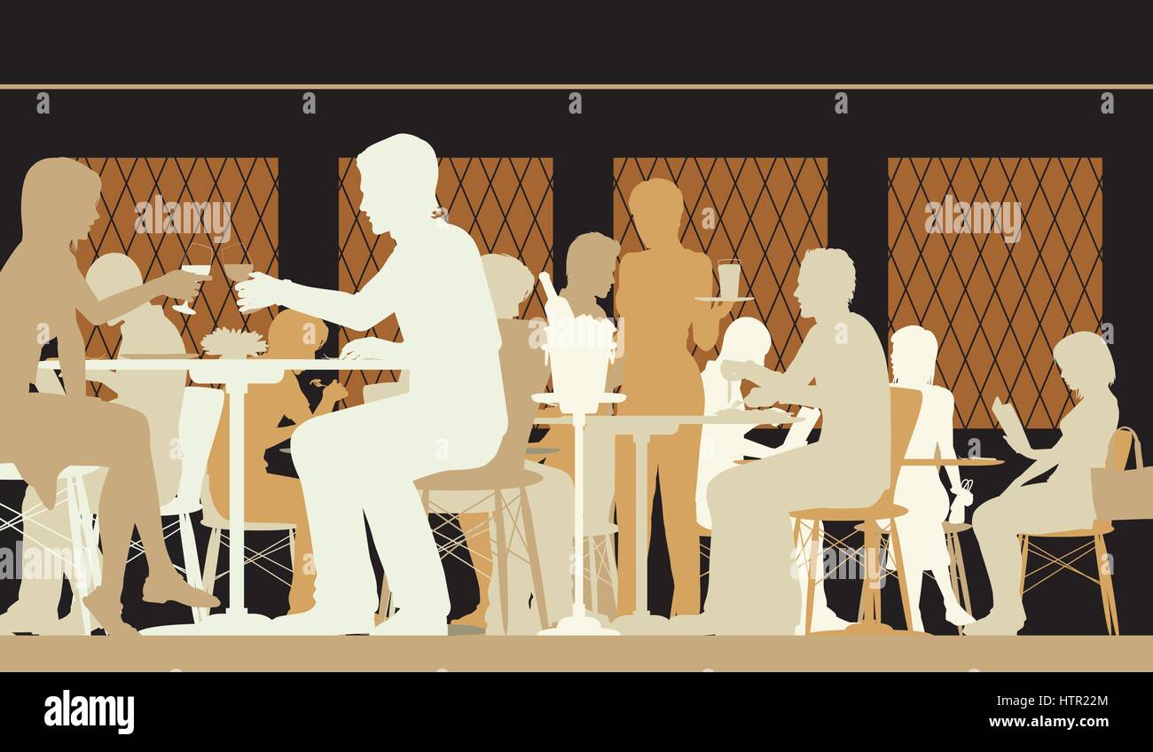 Vector silhouette illustration of people dining in a busy restaurant ...