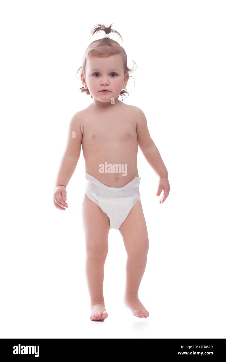 Baby girl wearing a diaper isolated on white Stock Photo - Alamy
