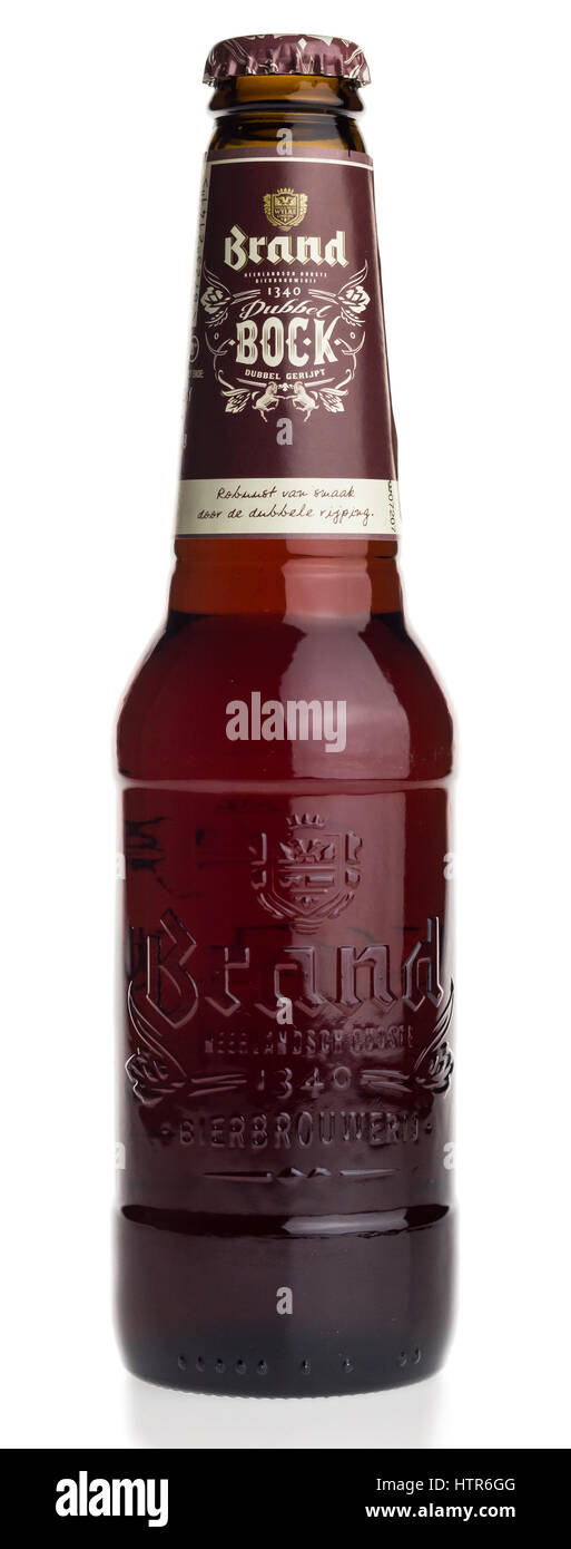 Bottle of Dutch Brand Dubbel Bock beer isolated on a white background ...