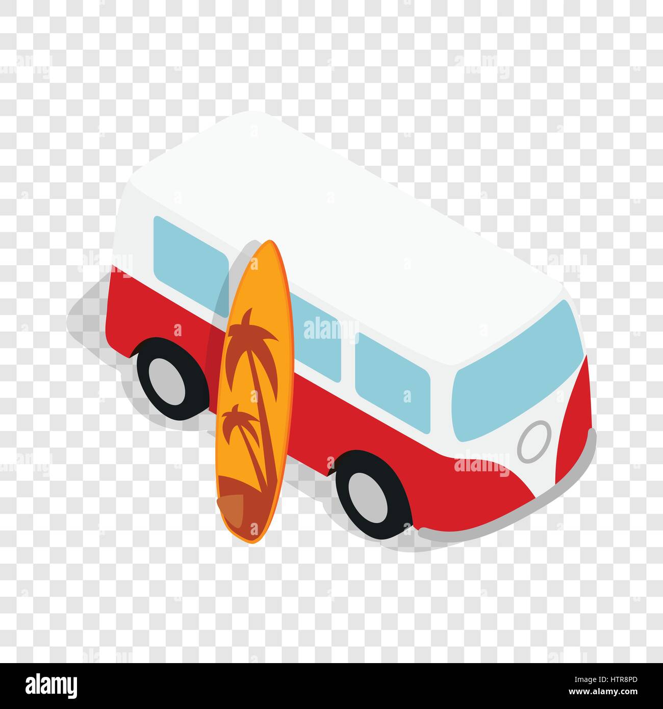 Retro red bus with yellow surfboard isometric icon Stock Vector Image ...