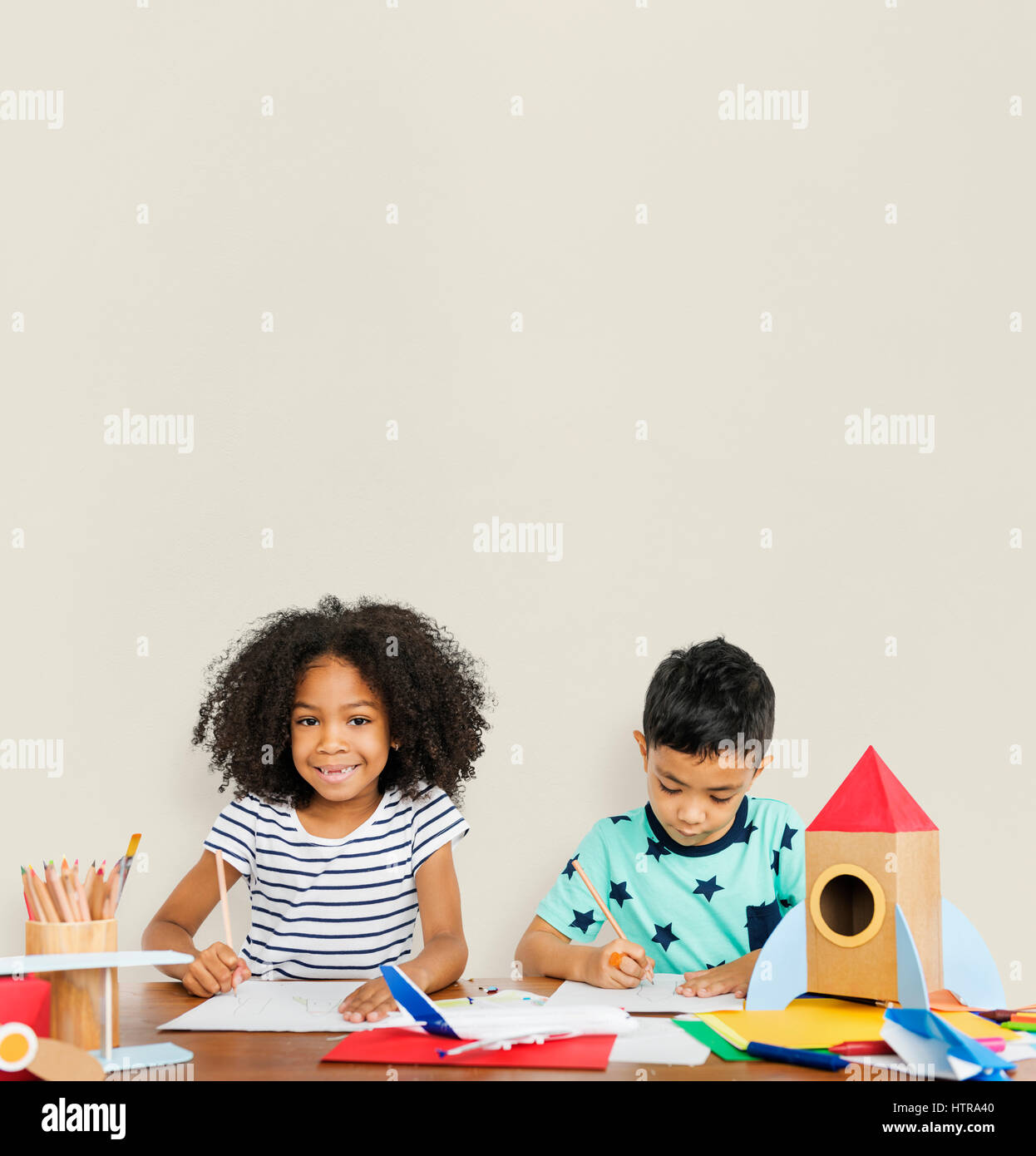 Little Children Drawing Together Creative Stock Photo - Alamy