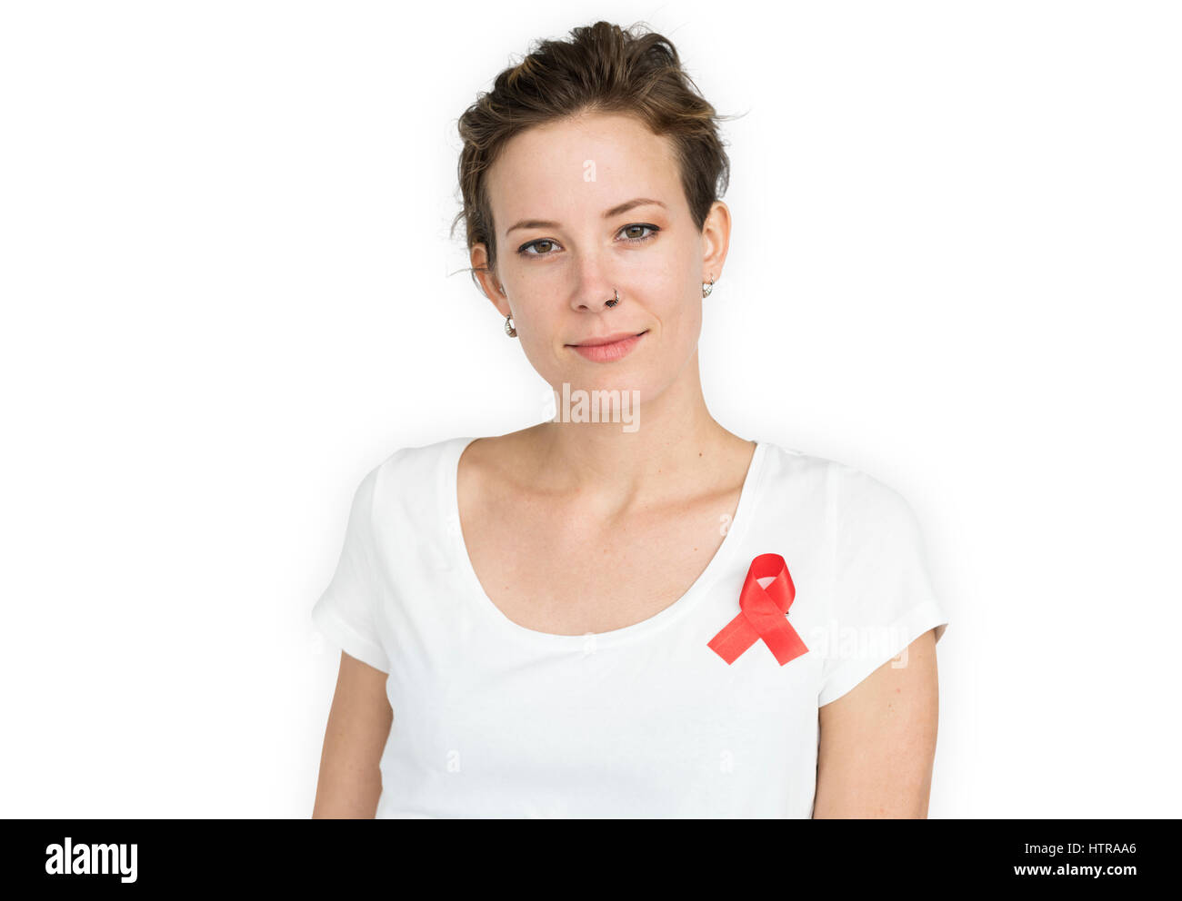 Woman Smiling Happiness Red Ribbon Charity Donation Stock Photo - Alamy