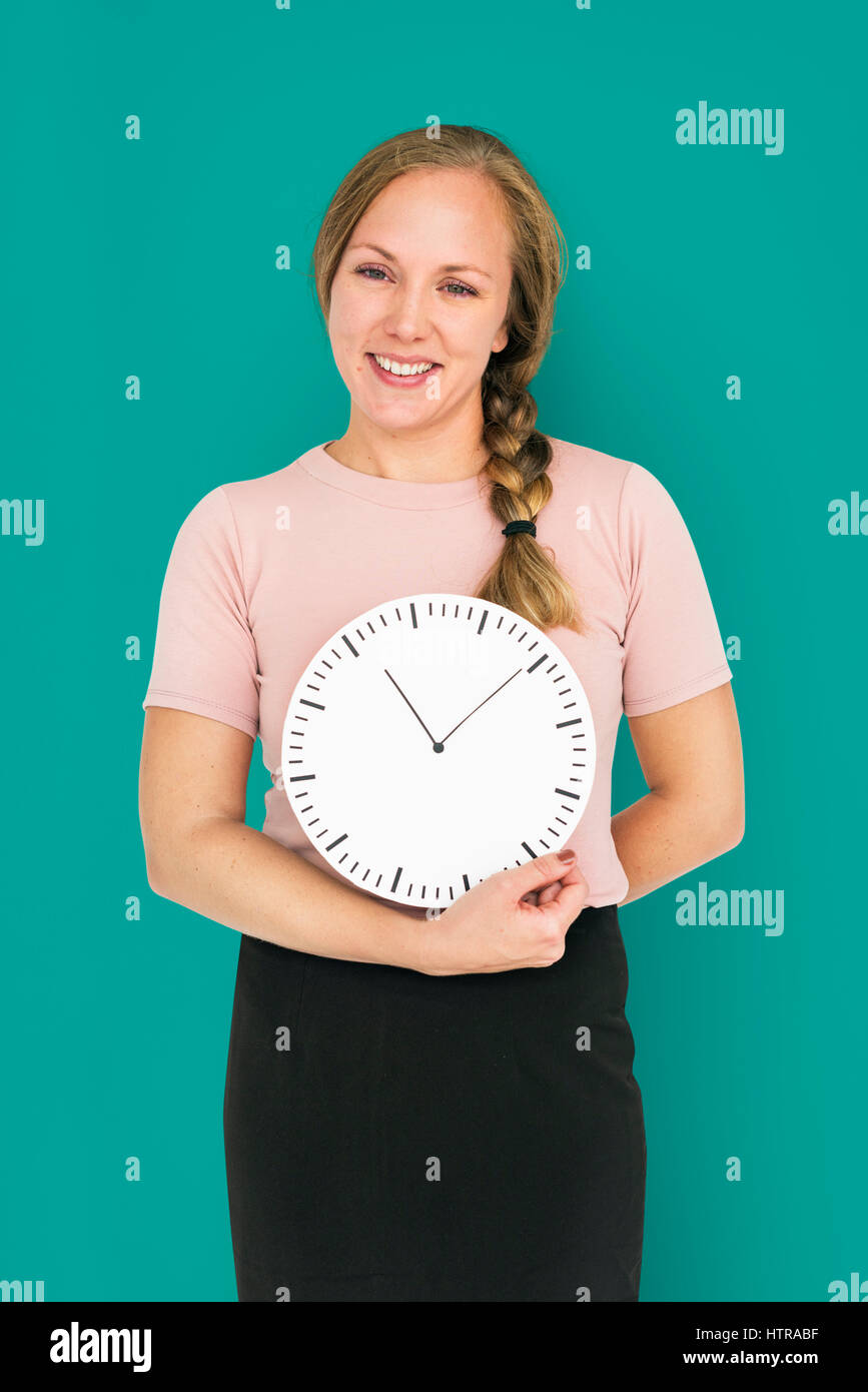 Caucasian Lady Holding Clock Concept Stock Photo - Alamy