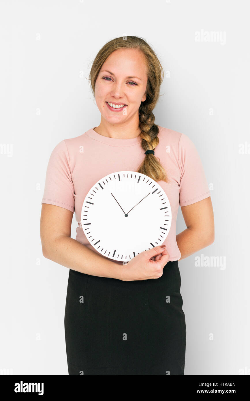 Caucasian Lady Holding Clock Concept Stock Photo - Alamy