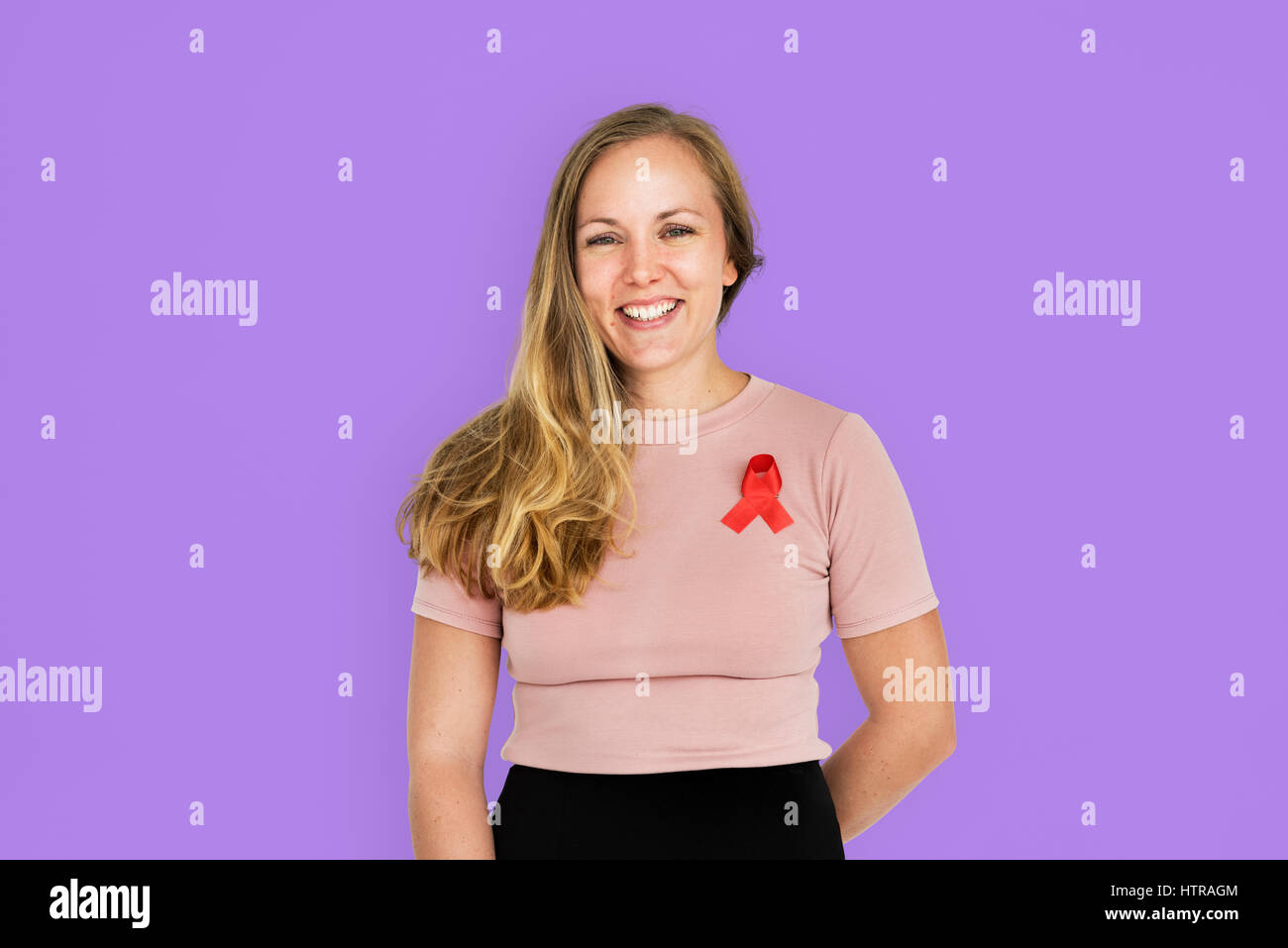 Woman Smiling Happiness Red Ribbon Charity Donation Stock Photo - Alamy