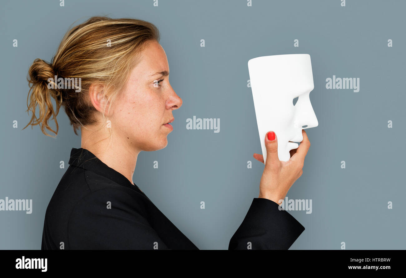 Caucasian woman Frowning Mask Concept Stock Photo - Alamy