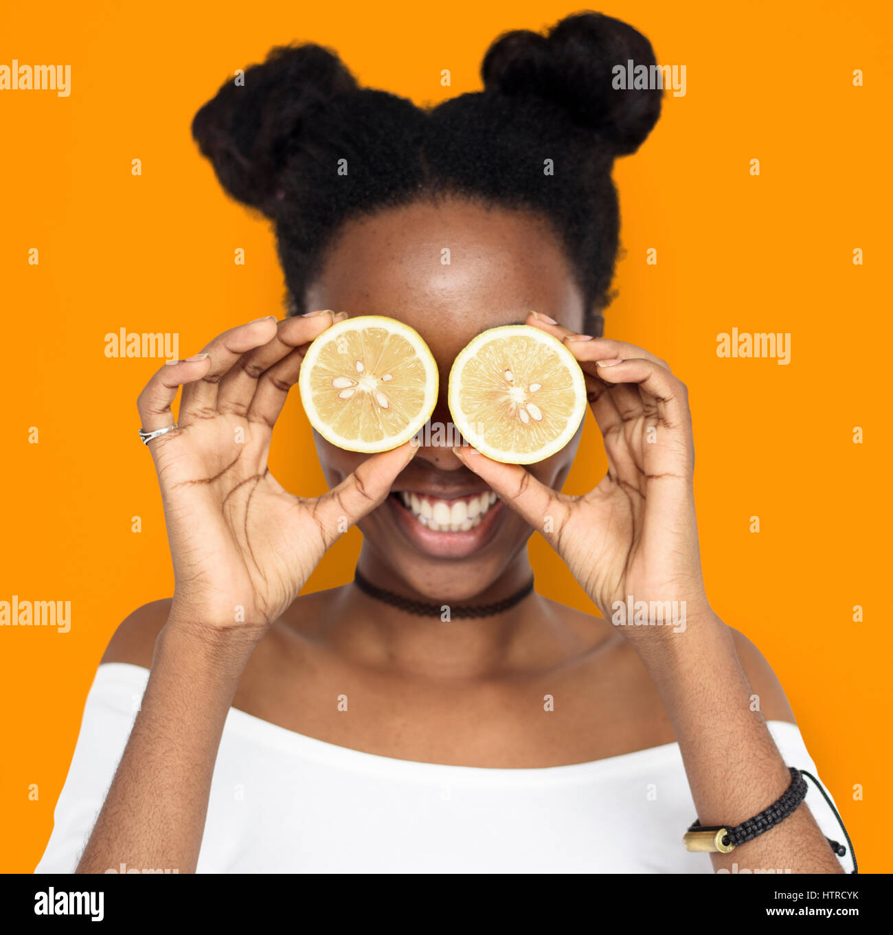 Woman Smiling Happiness Cover Eye Playful Lemon Portrait Stock Photo ...