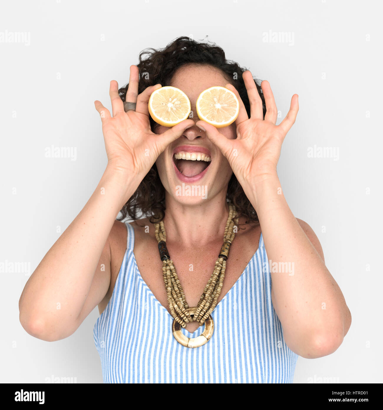 Woman Smiling Happiness Cover Eye Playful Lemon Portrait Stock Photo ...